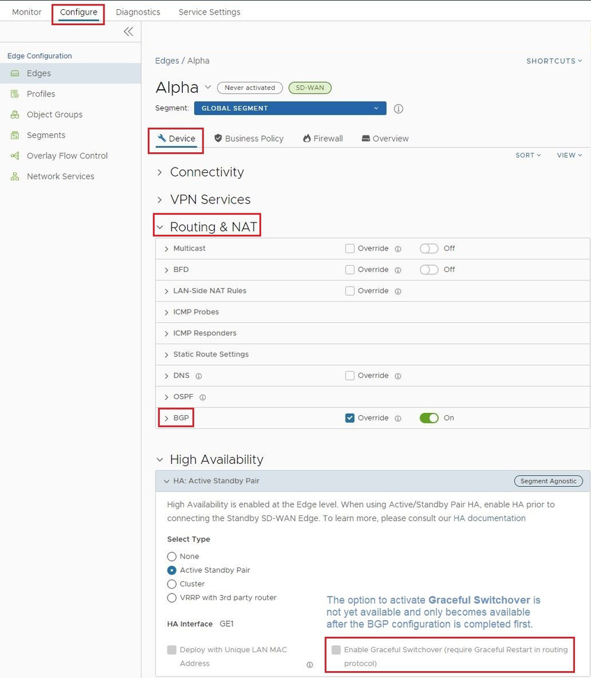 VeloCloud SD-WAN 6.1 - Administration Guide - Configure High Availability on Edge - Arista